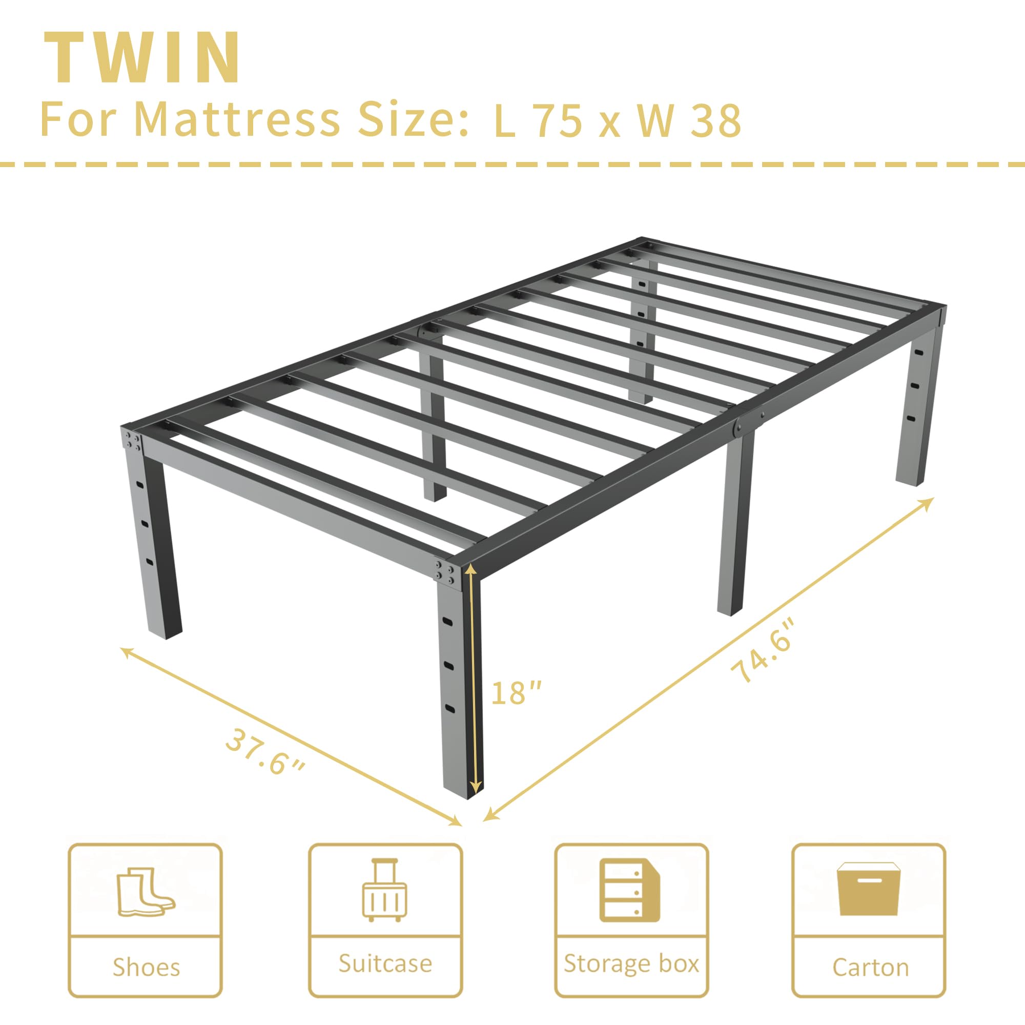 ALDRICH 18 Inch Metal Twin Bed Frame - Black Basic Steel Slats Platform, Easy Assembly Heavy Duty Noise Free Bedframes, No Box Spring Needed