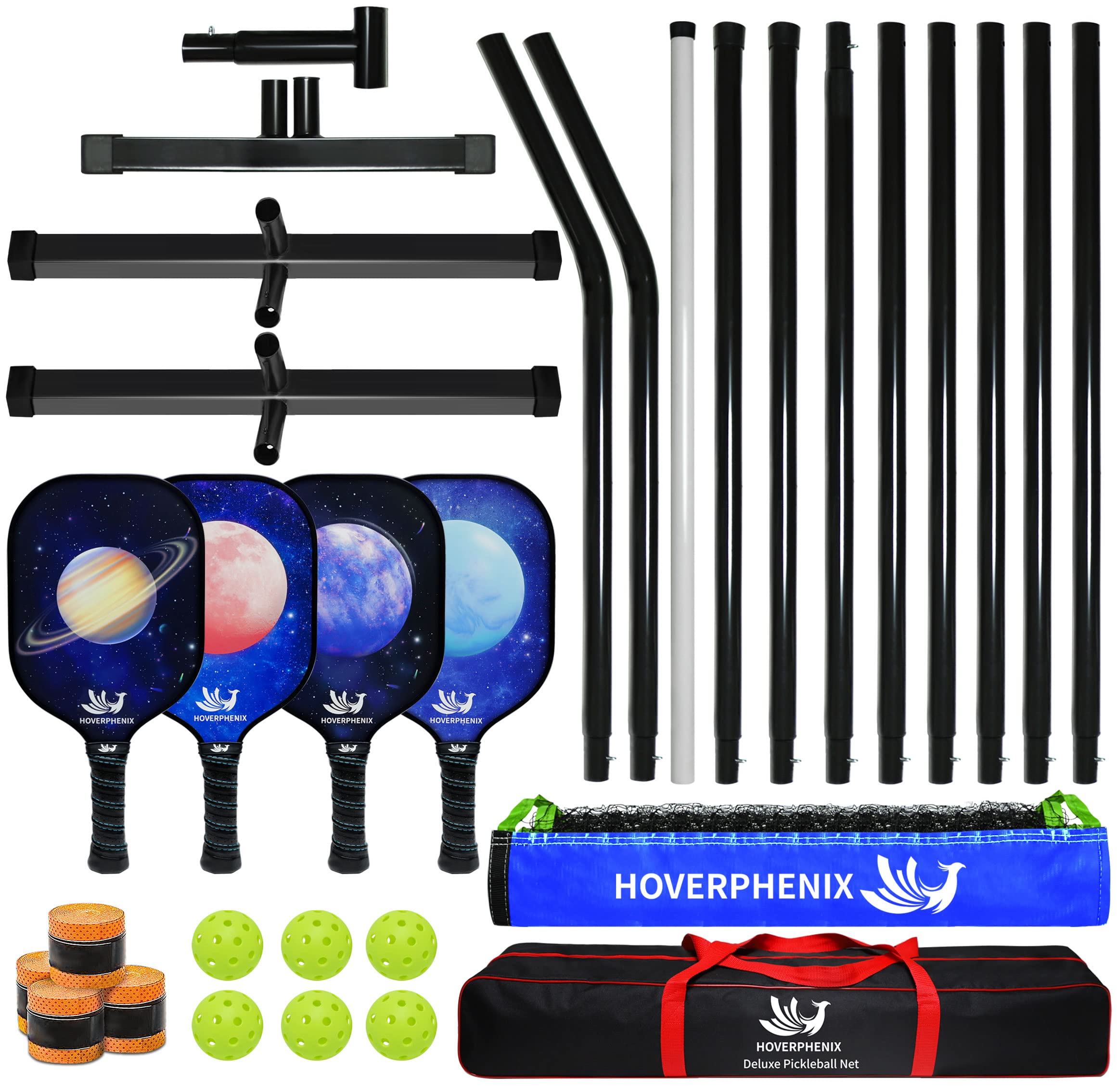 Hoverphenix Pickleball Set with Net for Driveway, Portable Regulation Size Pickleball Net System with 4 Fiberglass Paddles Set, 6 Outdoor Pickleballs, Carry Bag