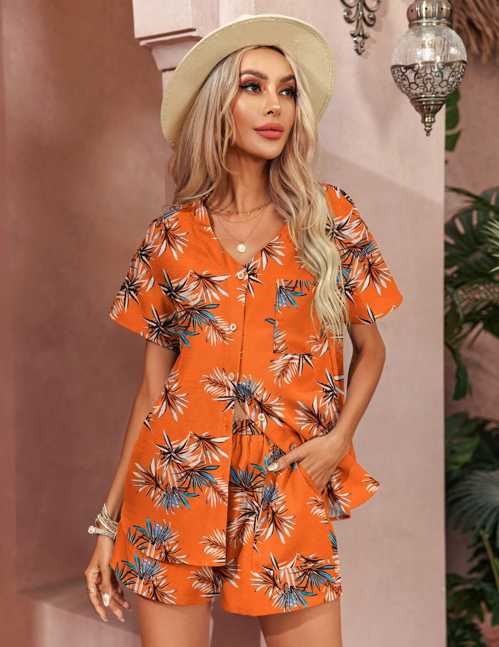 Ekouaer Womens Hawaiian 2 Piece Outfit Short Sleeve Button Down Shirt and Shorts Tracksuit Lounge Set