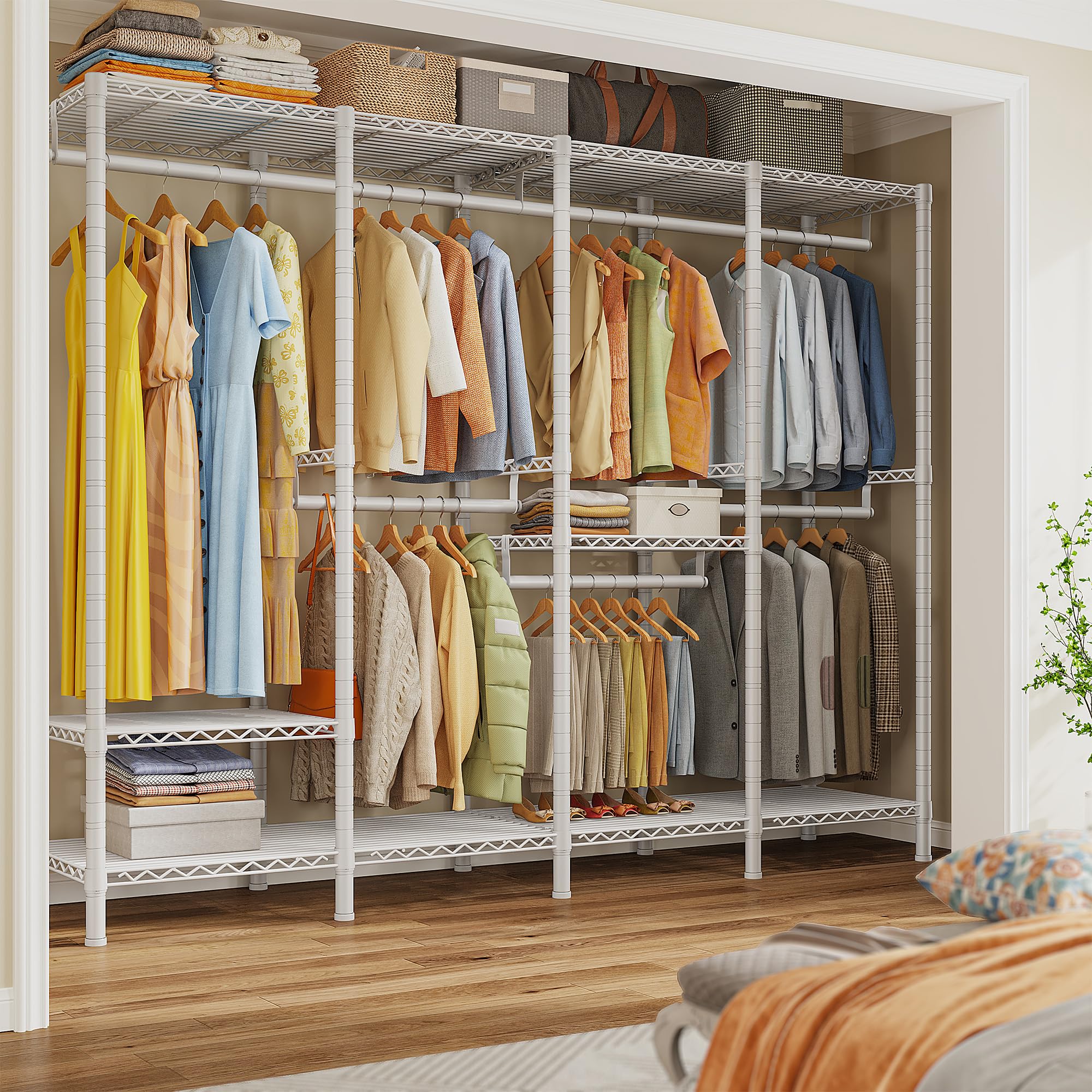Raybee 76.9" H Clothes Rack Heavy Duty Loads 1100 LBS Metal Clothing Racks for Hanging Clothes Adjustable Wadorbe Closet White,75.8" W*17.7" D*76.9" H