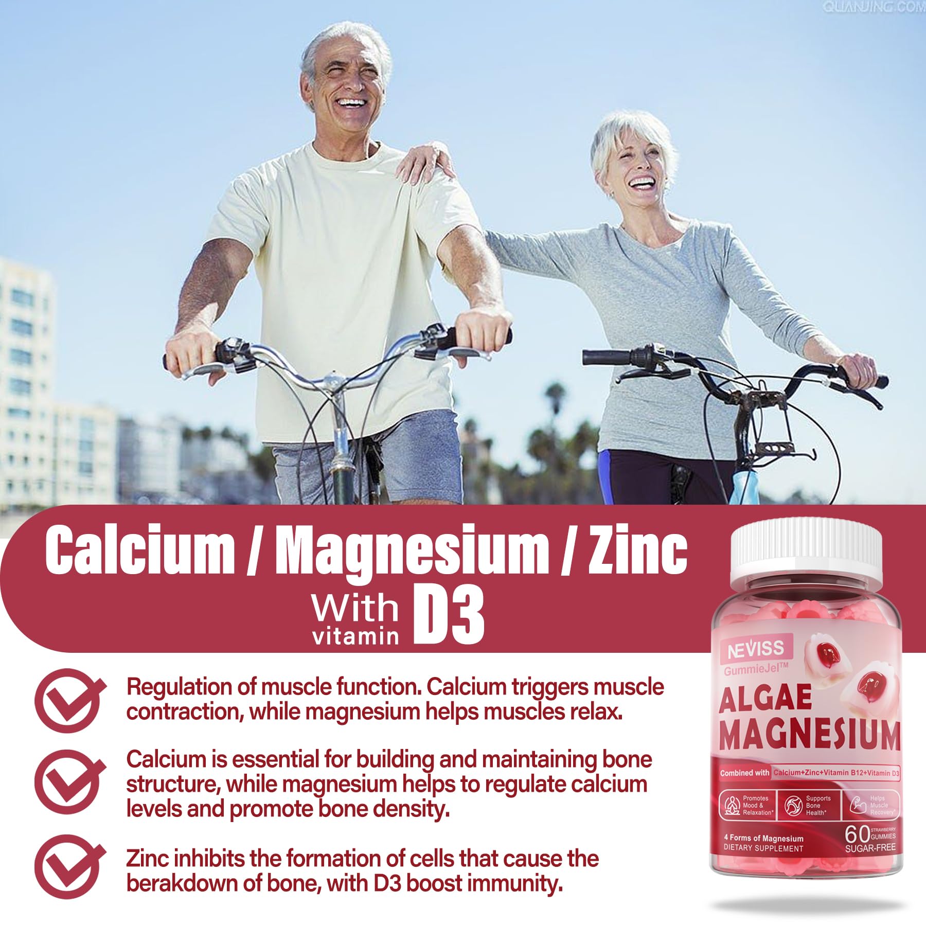 Sugar Free Calcium Magnesium Zinc Gummies, Algae Calcium Magnesium Supplement Plus D3 | 4 Forms of Magnesium - Glycinate, Citrate, Malate, Algae - Support Bone Health, Muscle Function & Nerve, 60 Ct