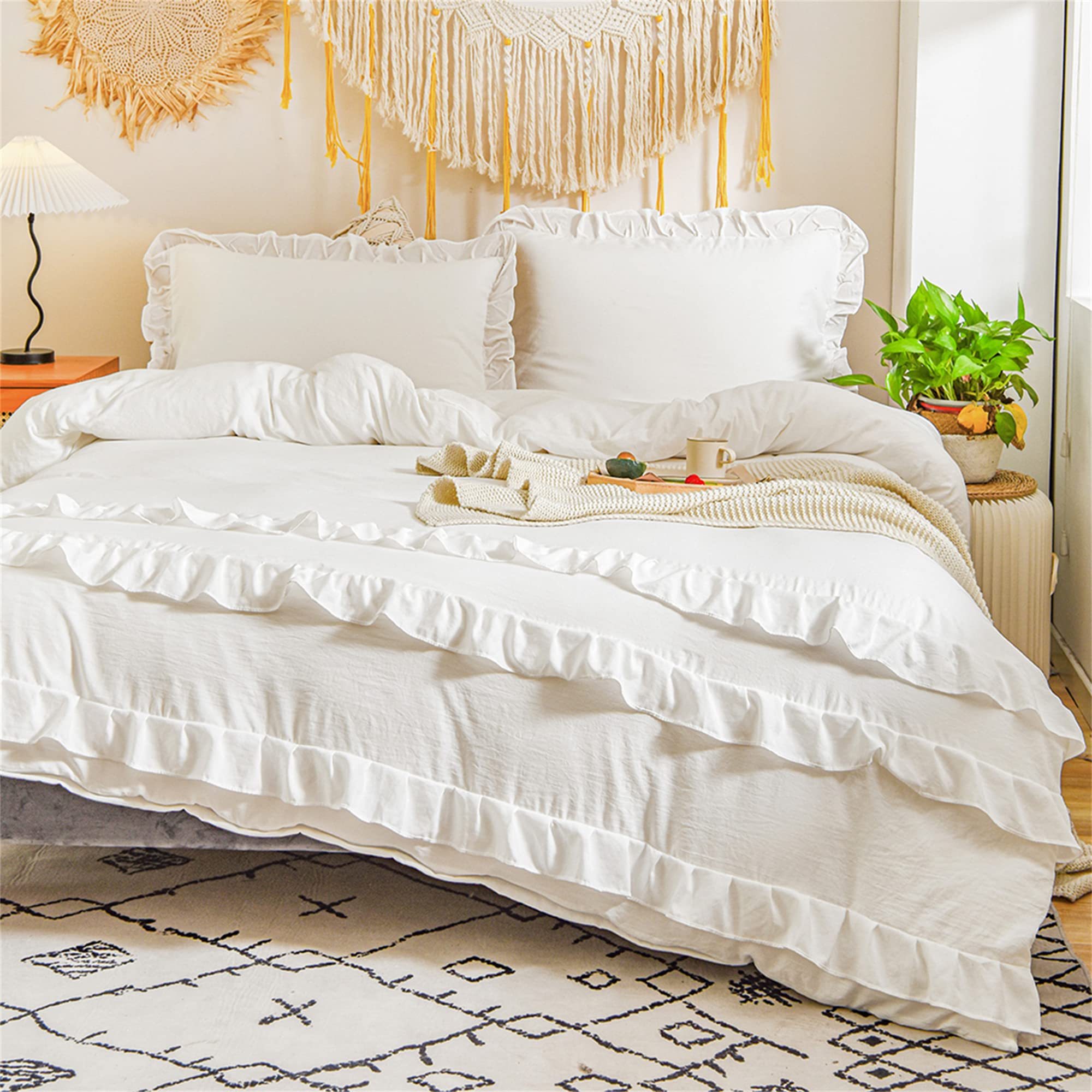 ABREEZE Ruffle Duvet Cover Queen Soft Washed Microfiber Vintage French Country Duvet Cover Set White 3 Pieces Farmhouse Microfiber Bedding Comforter Cover Set, Soft and Lightweight