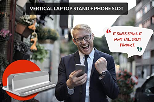 Vertical Laptop Stand with New Smart Phone Slot; Solid Upright MacBook Storage Saves Desk Space; Strong Aluminum Adjustable Rack with Powerful, Never Fail Hold
