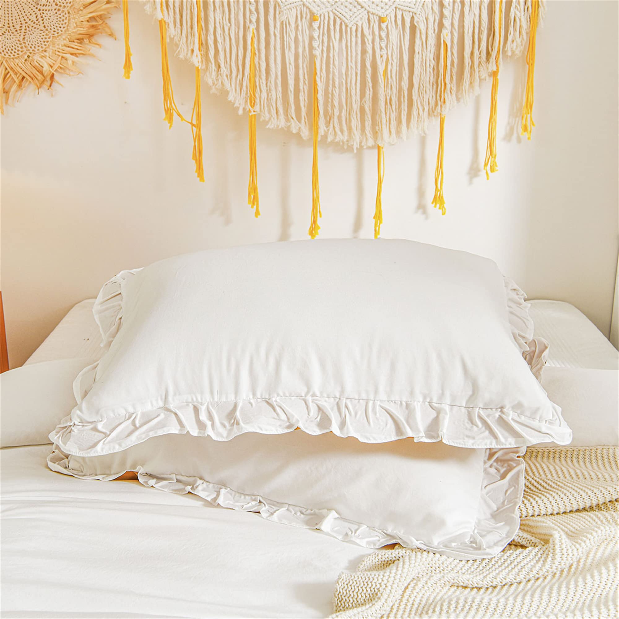 ABREEZE Ruffle Duvet Cover Queen Soft Washed Microfiber Vintage French Country Duvet Cover Set White 3 Pieces Farmhouse Microfiber Bedding Comforter Cover Set, Soft and Lightweight