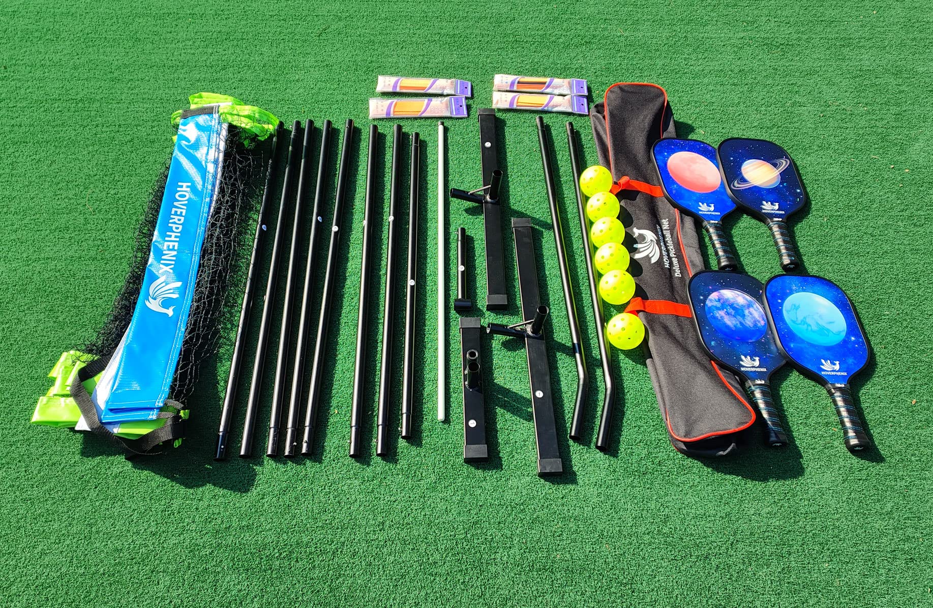 Hoverphenix Pickleball Set with Net for Driveway, Portable Regulation Size Pickleball Net System with 4 Fiberglass Paddles Set, 6 Outdoor Pickleballs, Carry Bag