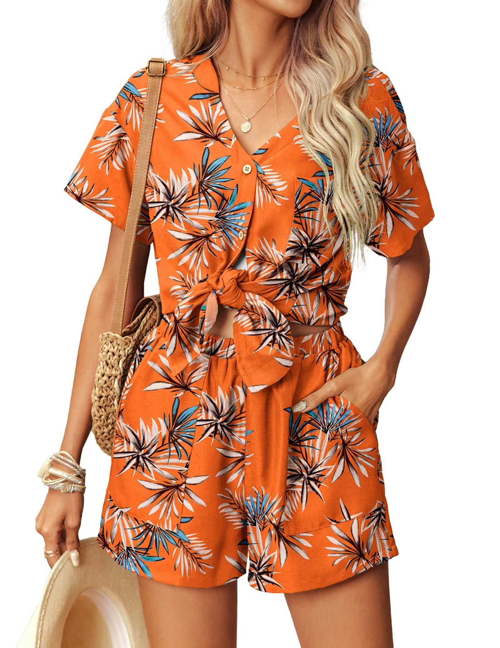 Ekouaer Womens Hawaiian 2 Piece Outfit Short Sleeve Button Down Shirt and Shorts Tracksuit Lounge Set