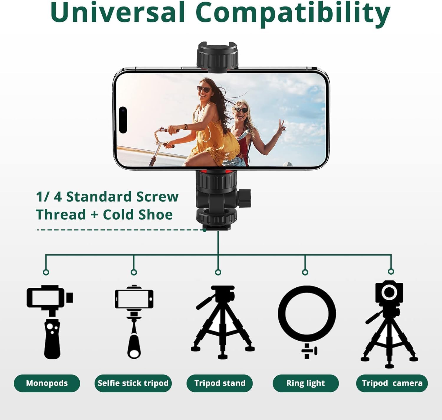 ATUMTEK Phone Tripod Mount, Universal Smartphone Mount Adapter with 2 Cold Shoe and 1/4" Standard Screw, 360° Rotates and 180° Tilts Adjustable Cell Phone Clamp Holder for Perfect Mobile Photography