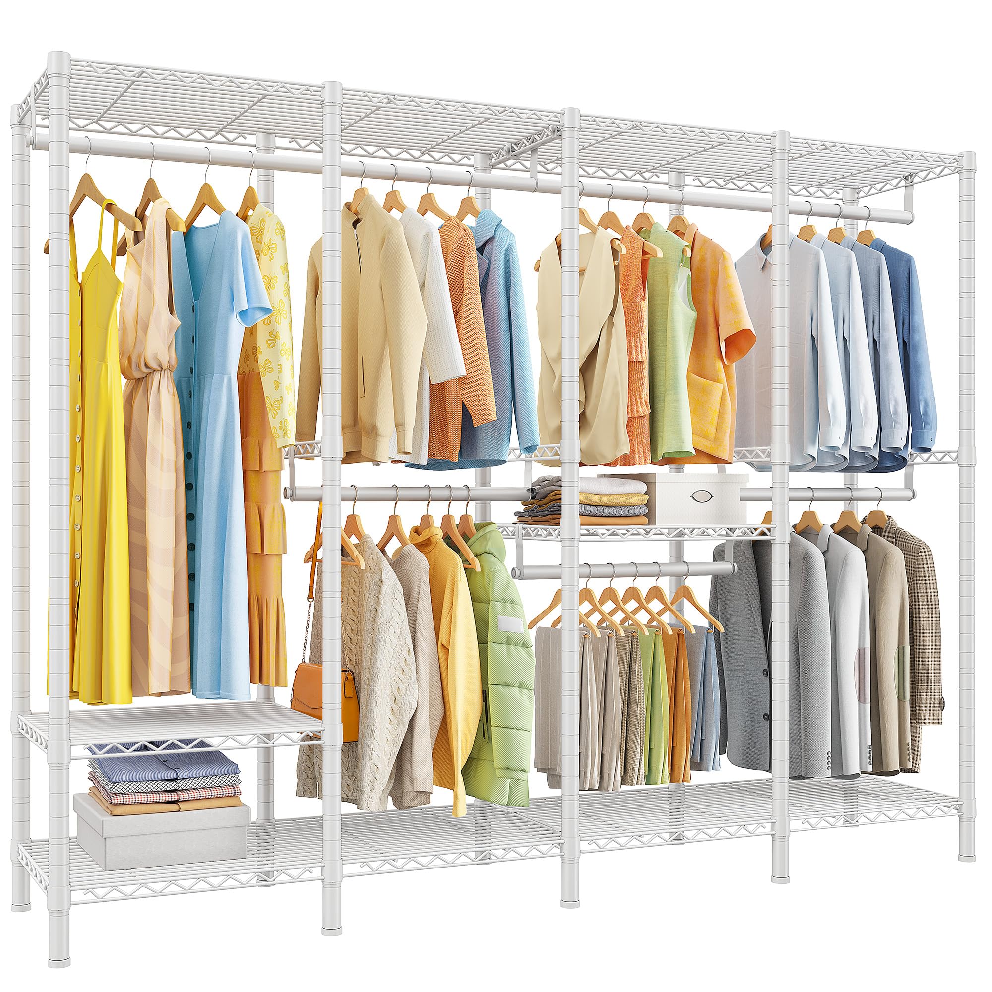 Raybee 76.9" H Clothes Rack Heavy Duty Loads 1100 LBS Metal Clothing Racks for Hanging Clothes Adjustable Wadorbe Closet White,75.8" W*17.7" D*76.9" H