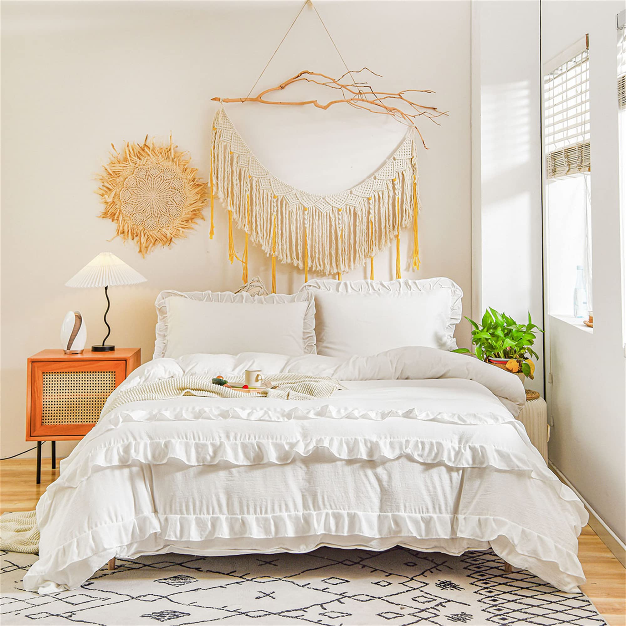 ABREEZE Ruffle Duvet Cover Queen Soft Washed Microfiber Vintage French Country Duvet Cover Set White 3 Pieces Farmhouse Microfiber Bedding Comforter Cover Set, Soft and Lightweight