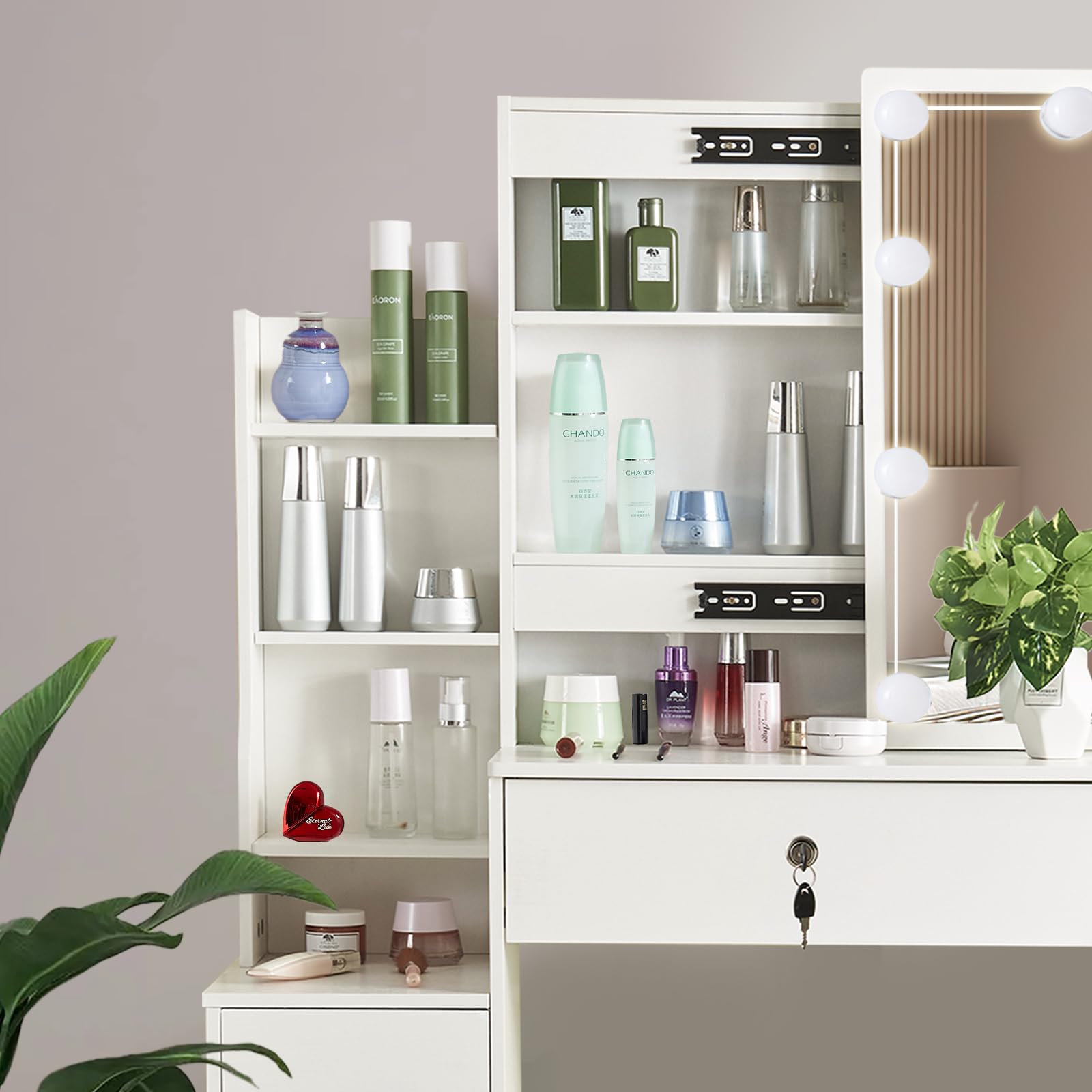 Makeup Vanity Table Set with Mirror and Lights, Vanity Desk with Power Strip, Dressing Table Set with 4 Large Drawers, White