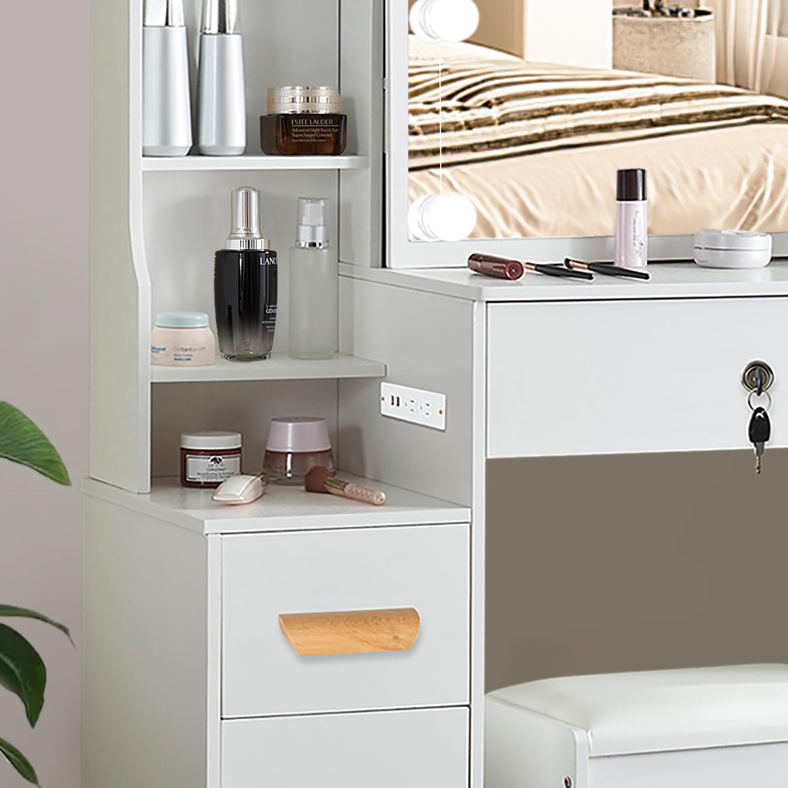 Makeup Vanity Table Set with Mirror and Lights, Vanity Desk with Power Strip, Dressing Table Set with 4 Large Drawers, White