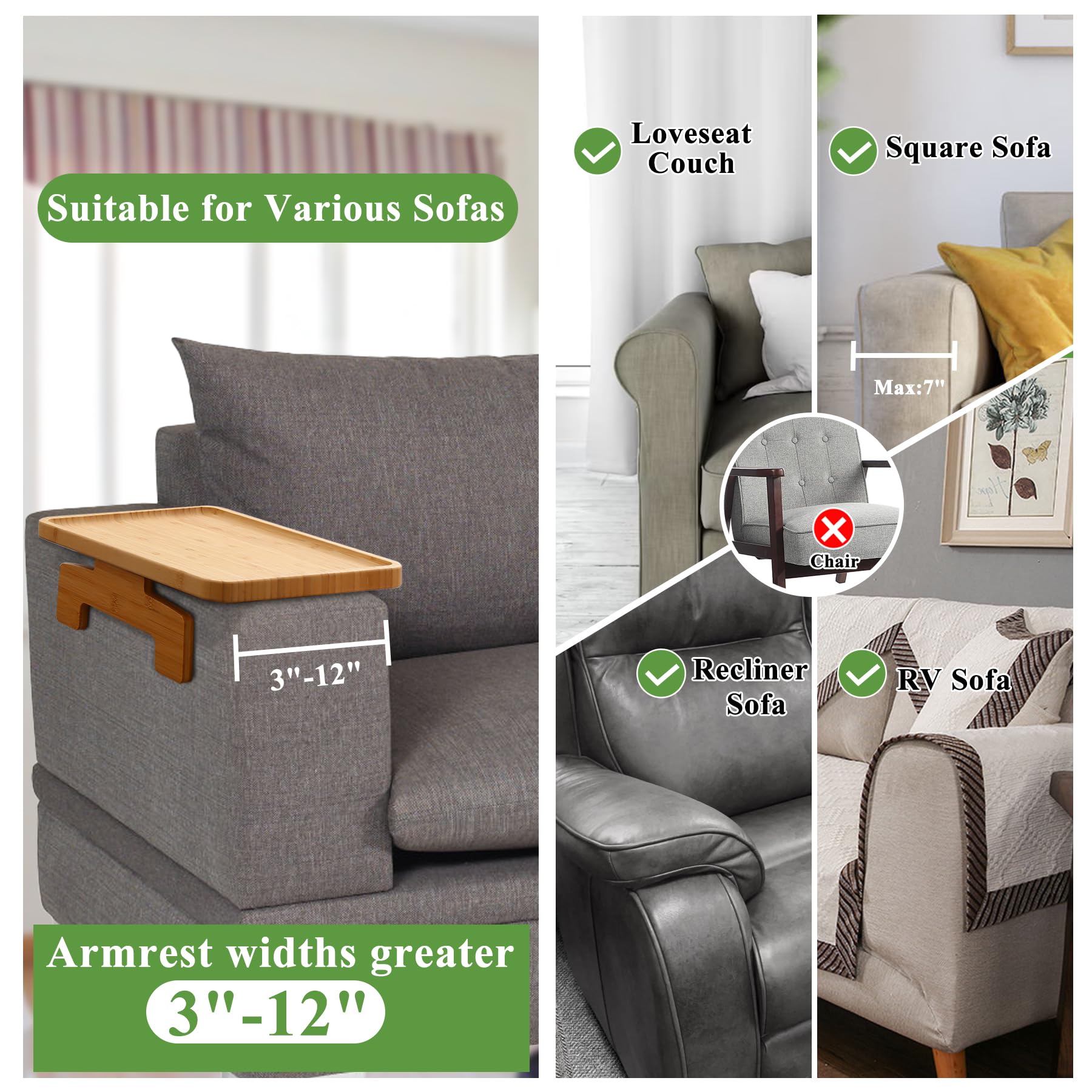 Couch Arm Table Tray, Bamboo Sofa Arm Clip on Tray Tables, Arm Rest Table for Home, Couch Arm Tray for Small Spaces Drink Eating Dinner Table