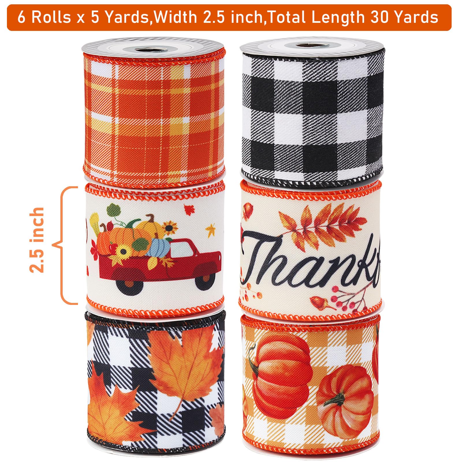 Fall Ribbon Wired 2 1/2 Inch x 30 Yards(6 Roll x 5 Yards), Thanksgiving Pumpkin Buffalo Plaid Ribbon with Wire for Wreaths Crafts Fall Decor