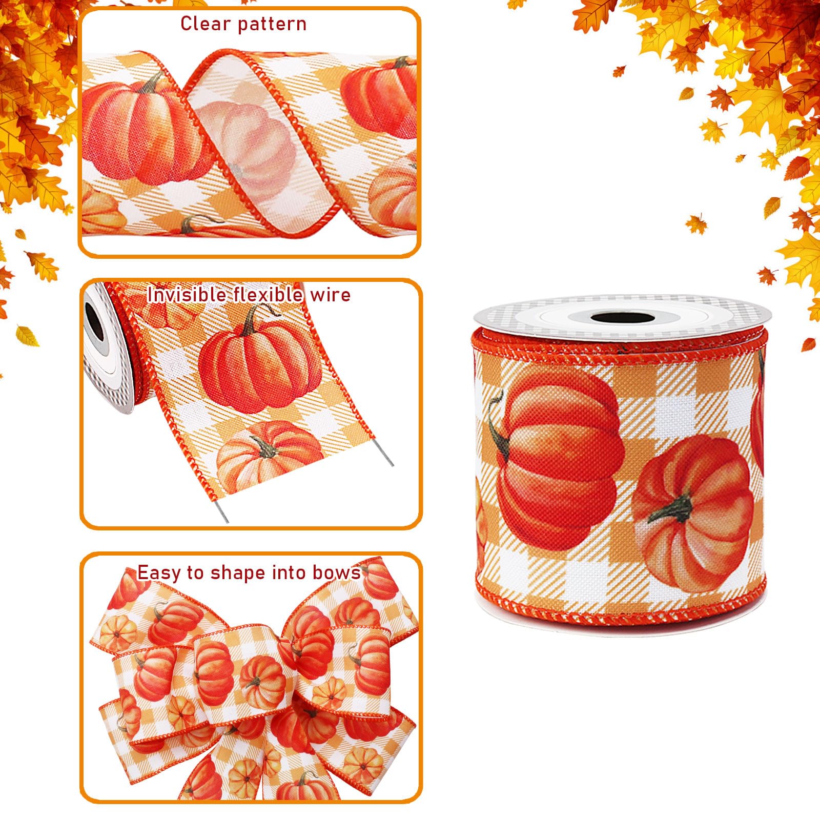 Fall Ribbon Wired 2 1/2 Inch x 30 Yards(6 Roll x 5 Yards), Thanksgiving Pumpkin Buffalo Plaid Ribbon with Wire for Wreaths Crafts Fall Decor