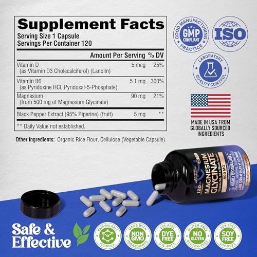 Magnesium Glycinate 500 mg - Chelated Supplement - 98% High Absorption - Support for Sleep, Muscle & Heart Health - Made in USA, Lab Tested & Non-GMO - 120 Capsules