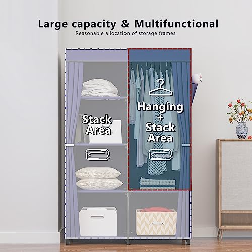 INGIORDAR Portable Closet Wardrobe Organizer Storage with Cover Non-Woben Fabric Portable Wardrobe Closet for Hanging Clothes Racks Shelving 34 Inch for Bedroom, Blue