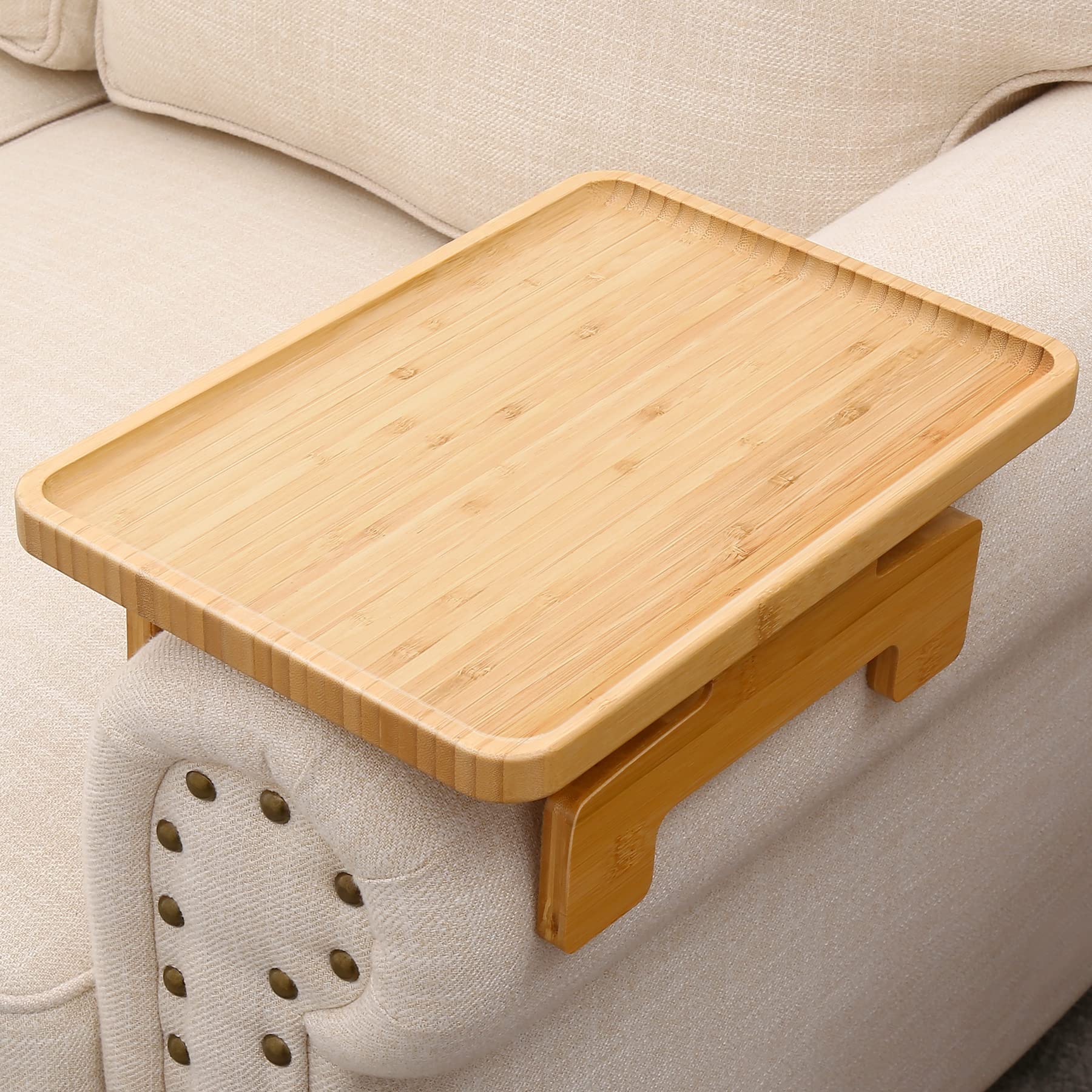 Couch Arm Table Tray, Bamboo Sofa Arm Clip on Tray Tables, Arm Rest Table for Home, Couch Arm Tray for Small Spaces Drink Eating Dinner Table