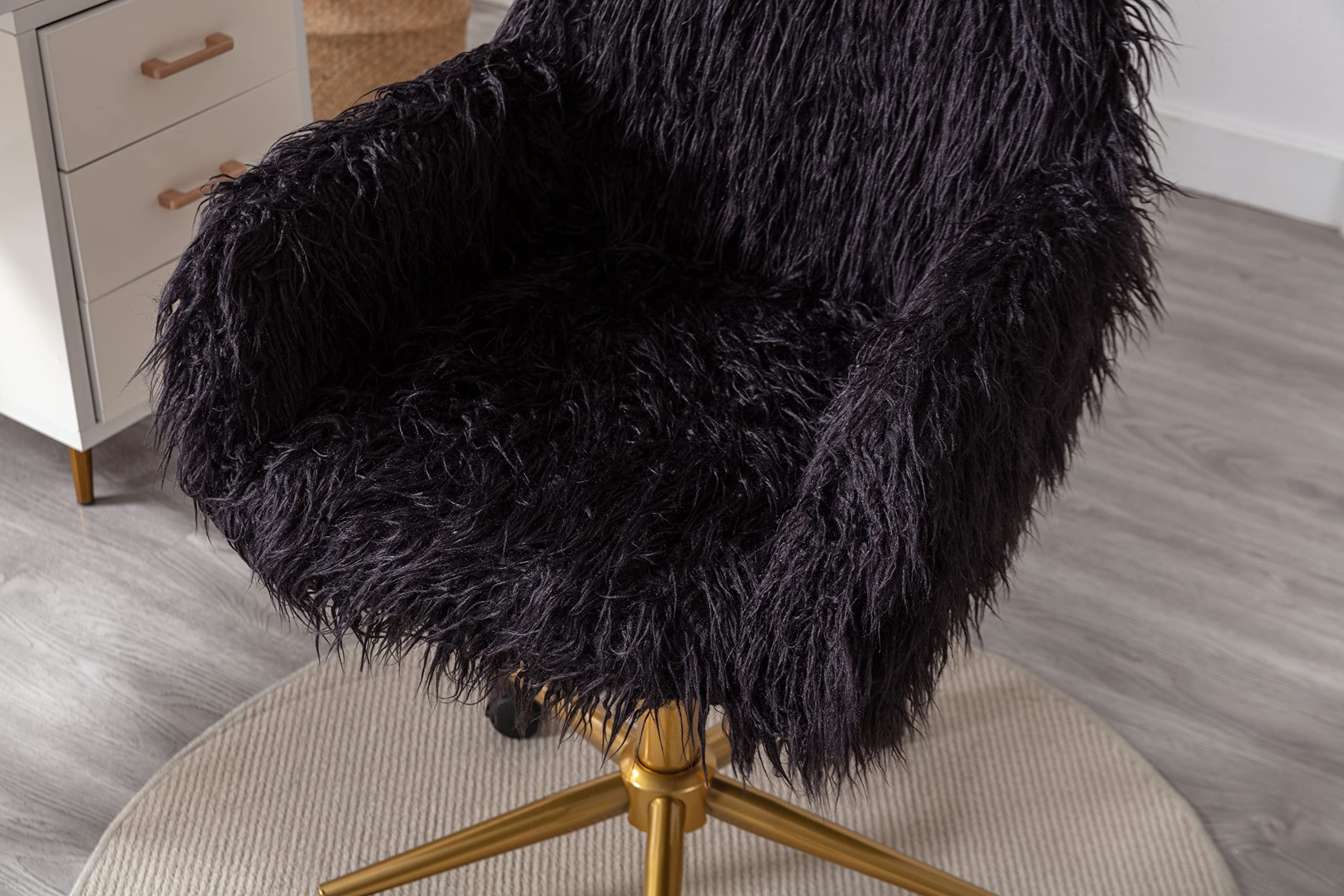 Black Modern Faux Fur Home Office Chair, Fluffy Chair for Girls, Makeup Vanity Chair with Gold Plating Base