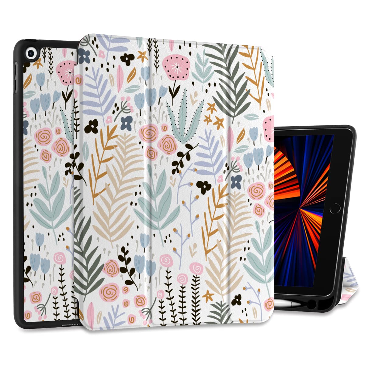 DONGKE Case Compatible with iPad 10.2 Inch 2021 2020 2019 iPad 9th/8th/7th Generation with Pencil Holder, Slim Stand Protective Case with Soft TPU Back, Auto Sleep/Wake Cover, Cute Florals
