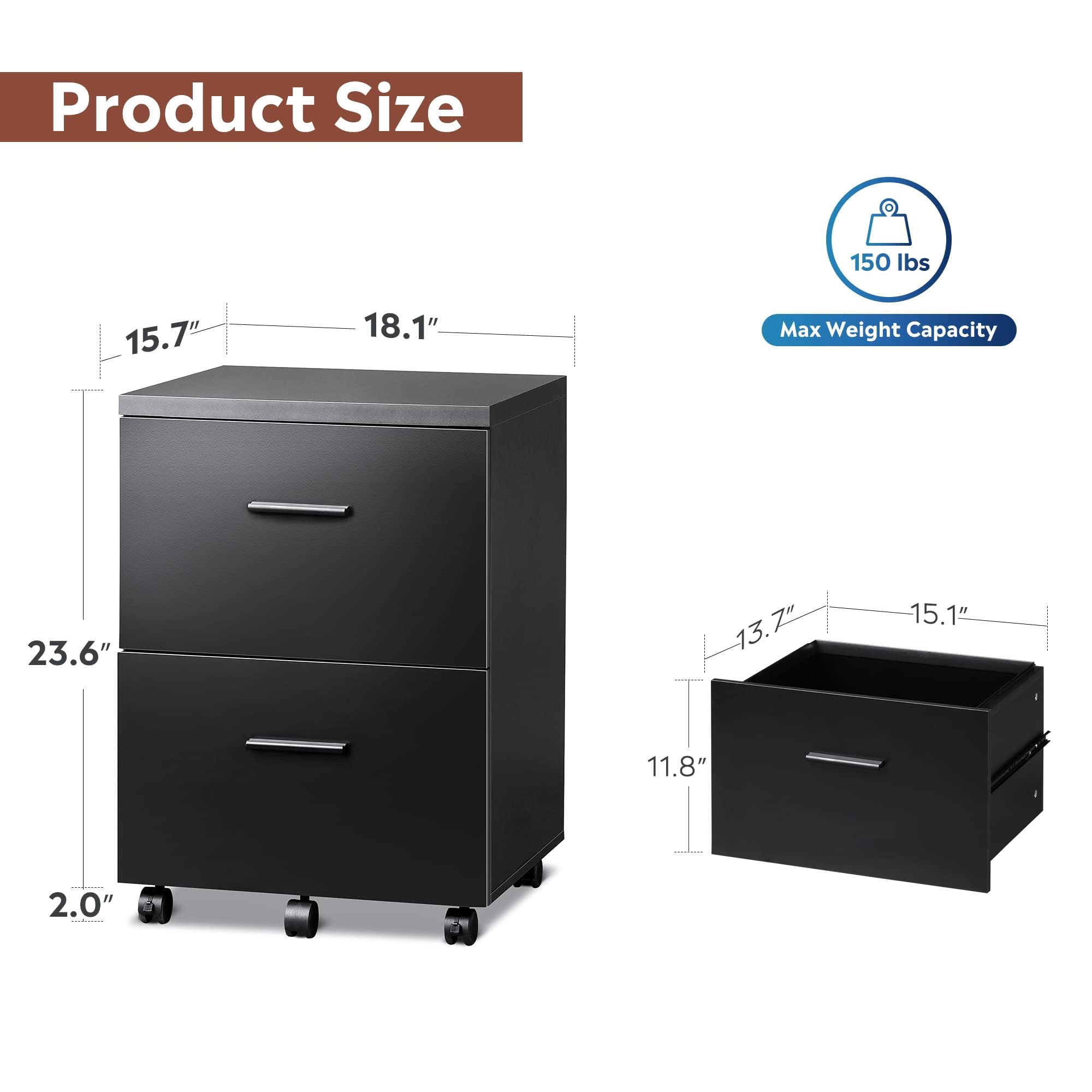 DEVAISE Wood File Cabinet, 2 Drawer Filing Cabinet for Home Office, Vertical File Cabinets with Wheels fits A4/Letter/Legal Size File, Black
