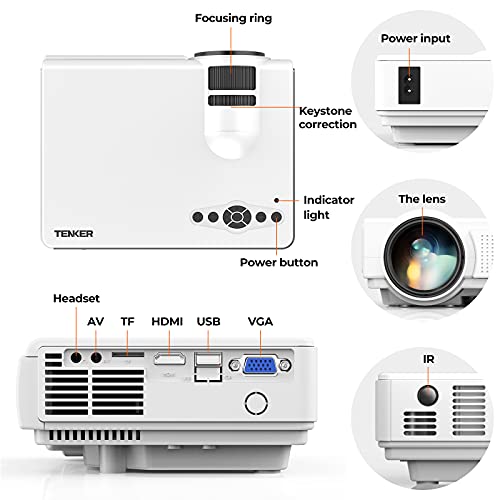 TENKER Native 1080P Projector, 7500L High Brightness Full HD Outdoor Movie Projector, 200" Giant Screen LCD Video Projector, Portable Mini Projector for Cartoon, Compatible w/Laptop/PC/DVD/TV