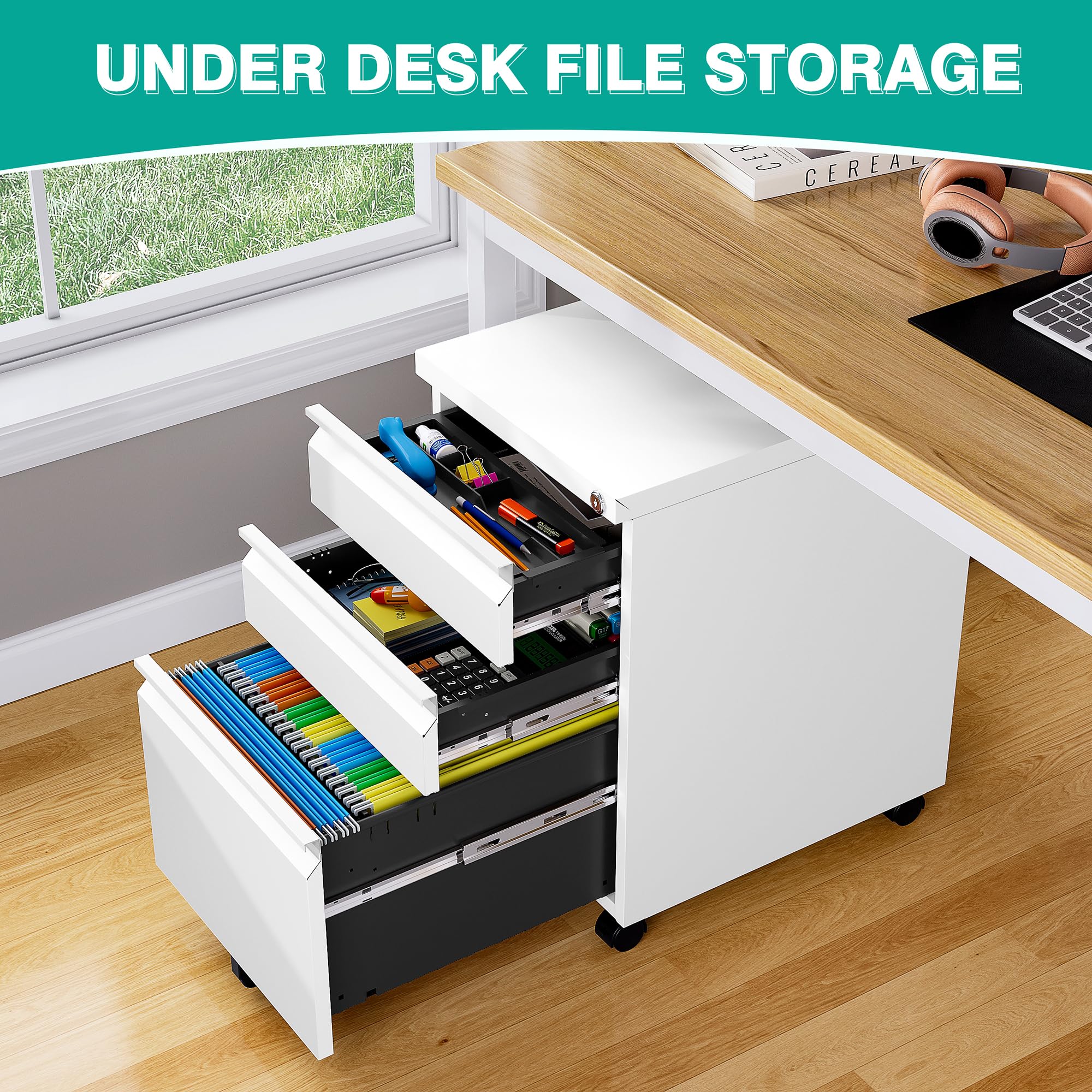 3 Drawer File Cabinet with Lock,Under Desk File Cabinet with Wheels,White Rolling File Cabinet,Three Drawer Metal Filing Cabinet for Home Office,Fit A4/Letter/Legal File,Fully Assembled Except Casters