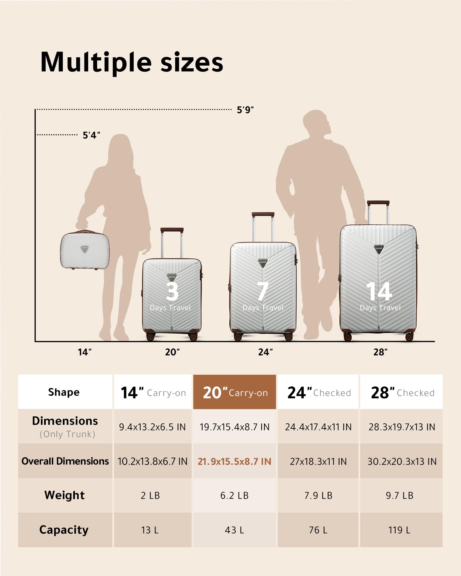 LUGGEX Carry On Luggage with Spinner Wheels, PP Lightweight Suitcase with TSA Lock, Expandable Luggage for Travel without USB (Rose Gold, 20 Inch, 42L)