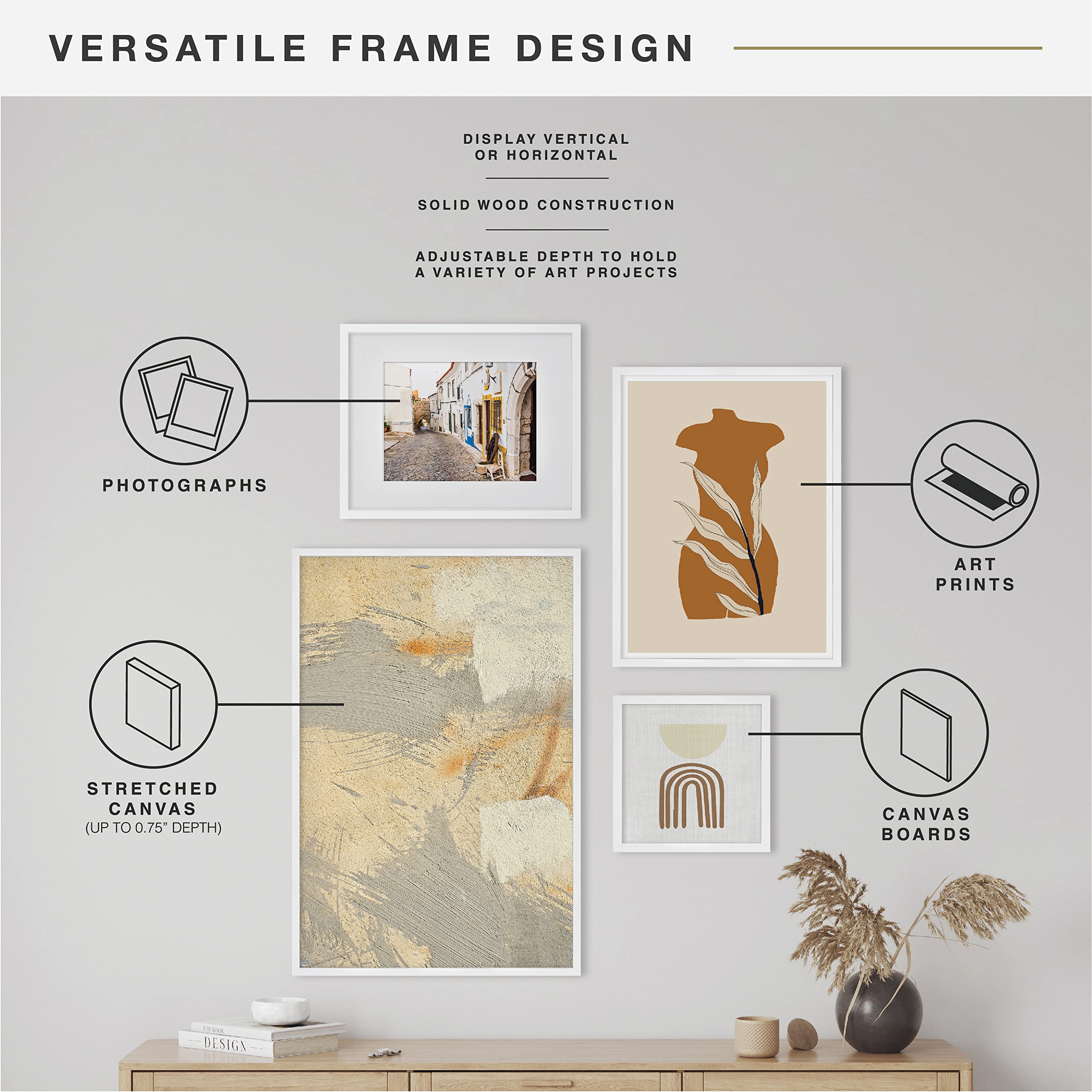 MCS Gallery Wooden Frame for Canvas, Art Boards, Photos and more, White, 16x20 with 11x14 Mat