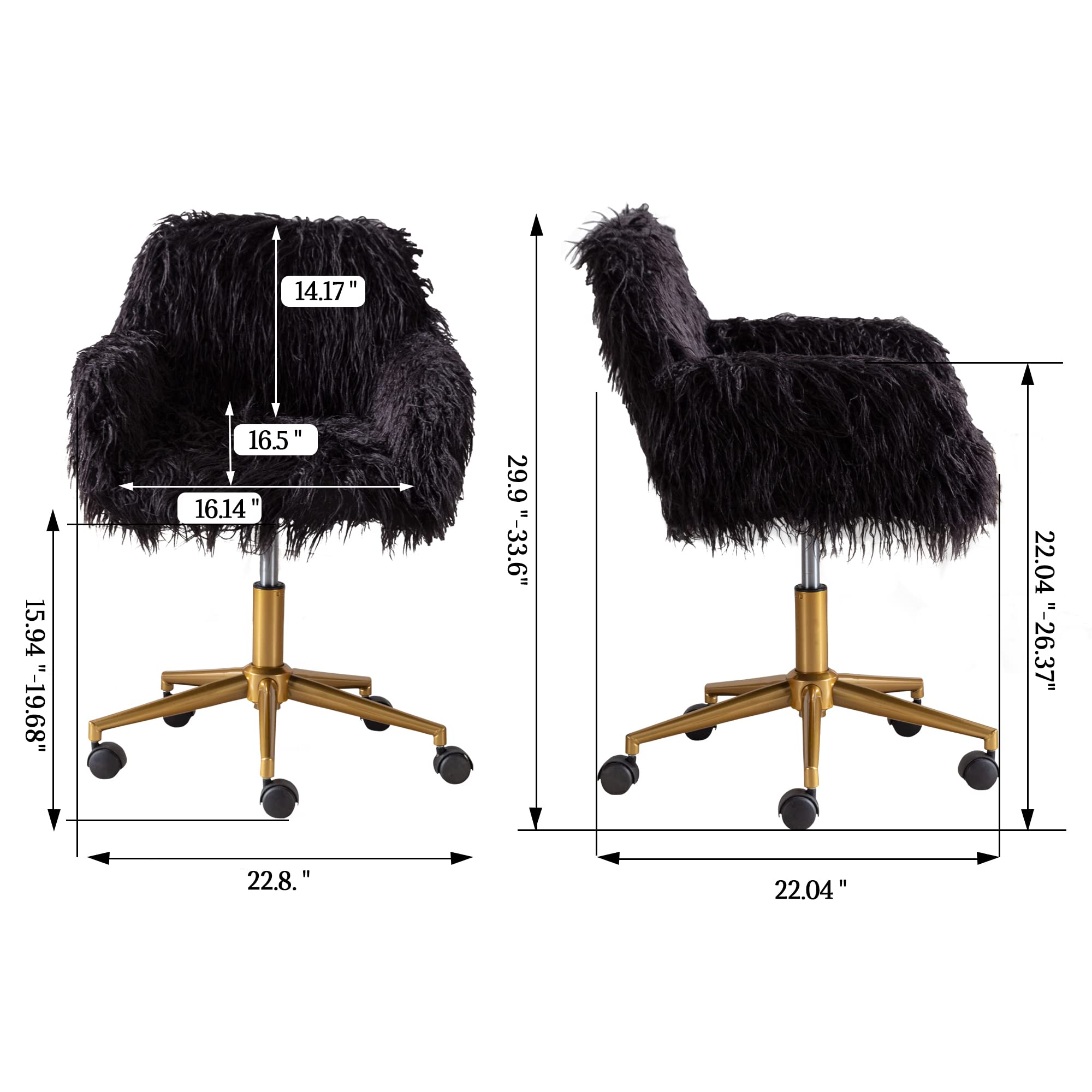 Black Modern Faux Fur Home Office Chair, Fluffy Chair for Girls, Makeup Vanity Chair with Gold Plating Base