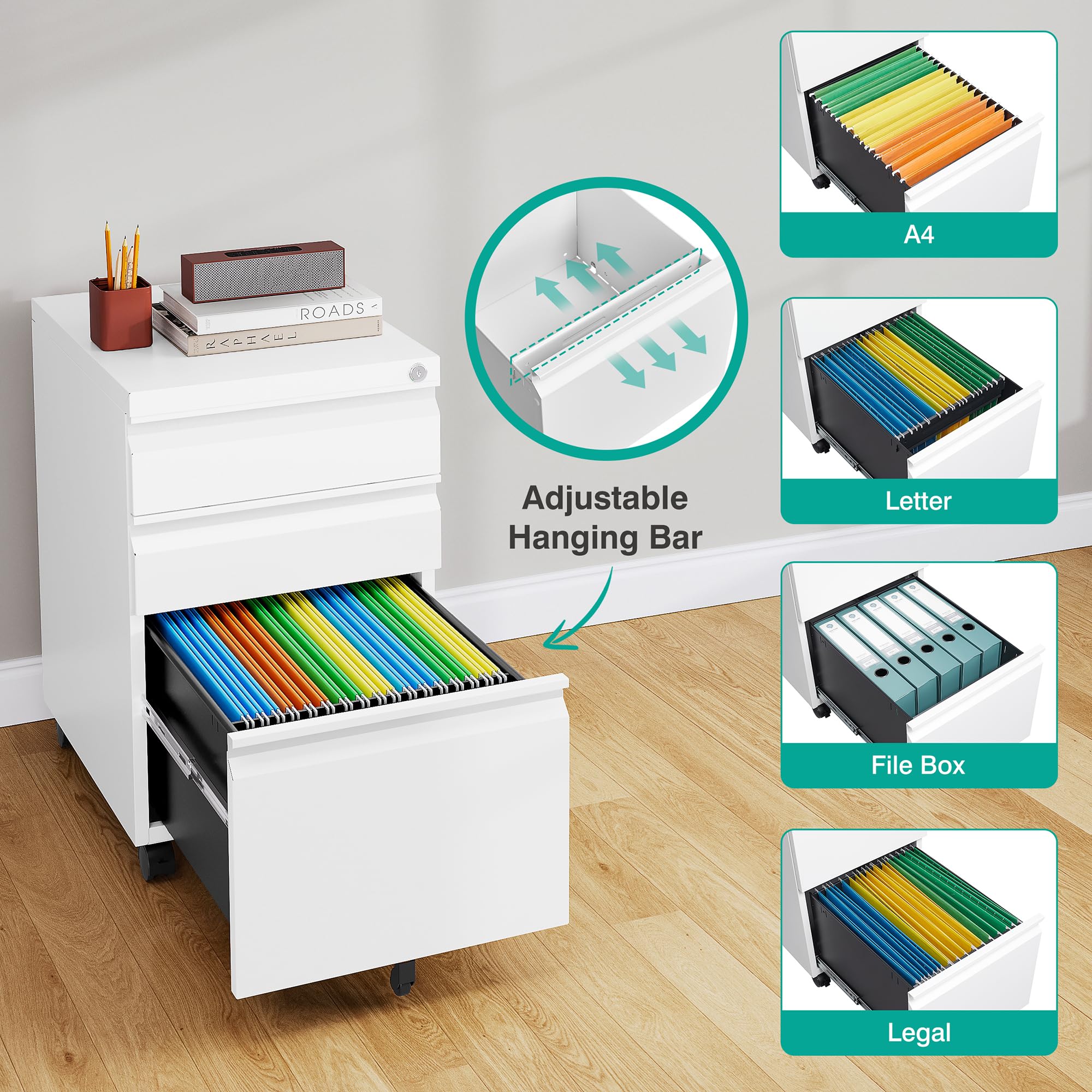 3 Drawer File Cabinet with Lock,Under Desk File Cabinet with Wheels,White Rolling File Cabinet,Three Drawer Metal Filing Cabinet for Home Office,Fit A4/Letter/Legal File,Fully Assembled Except Casters