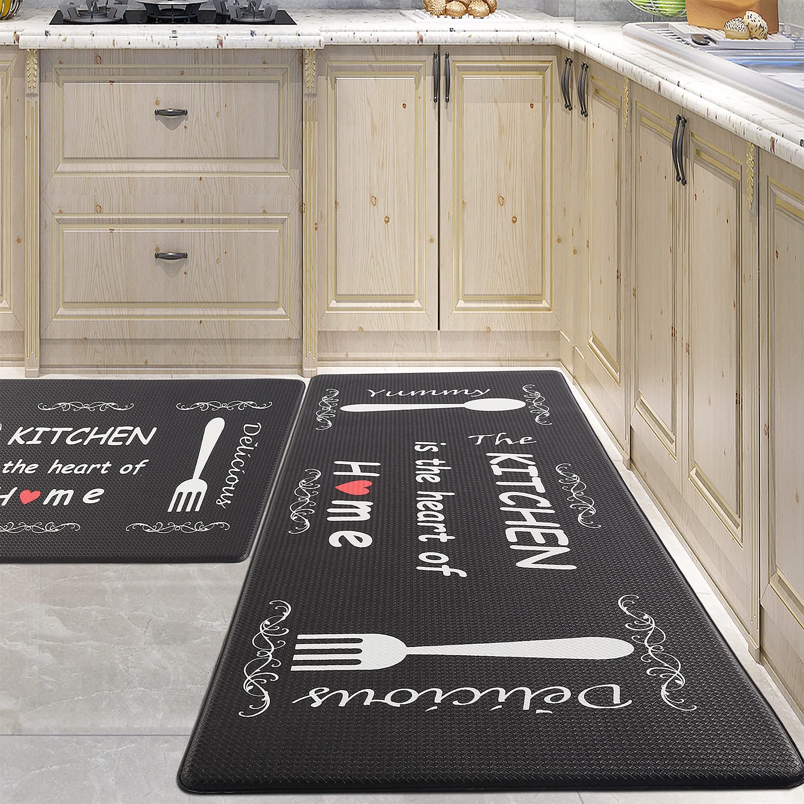PCSWEET HOME Farmhouse Kitchen Rugs Sets Cushioned Anti Fatigue Mats for Kitchen Floor,Memory Foam Kitchen Mat Waterproof Non Slip Comfort Mat for Kitchen,Home,Office,Sink,Stove,Laundry (Black/White)