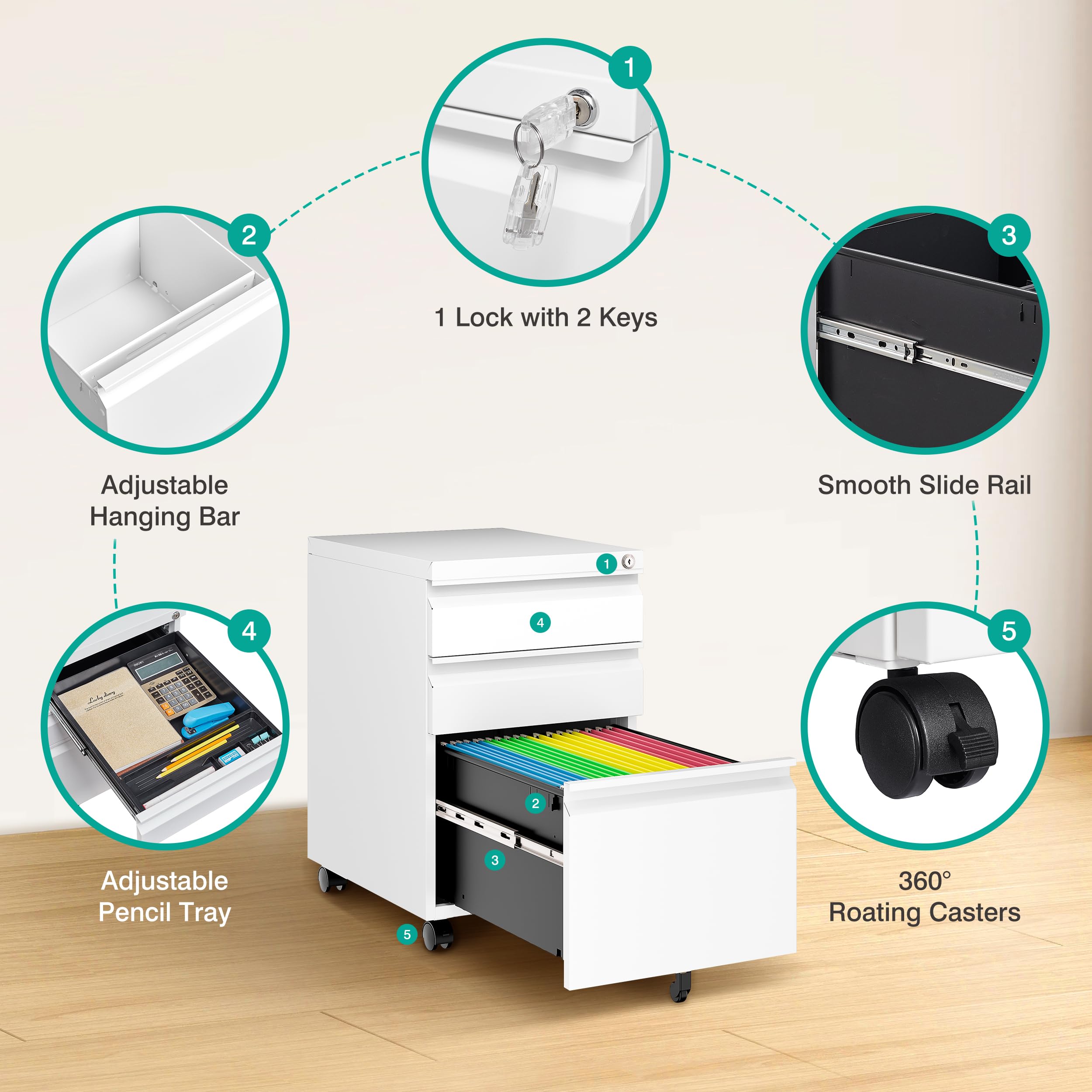 3 Drawer File Cabinet with Lock,Under Desk File Cabinet with Wheels,White Rolling File Cabinet,Three Drawer Metal Filing Cabinet for Home Office,Fit A4/Letter/Legal File,Fully Assembled Except Casters