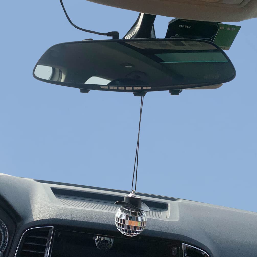 Disco Ball Car Rearview Mirror Pendant Car Hanging Mirror Ornament with Pink Cowboy Hat,Bling Wild West Disco Ball Car Accesory (Black)