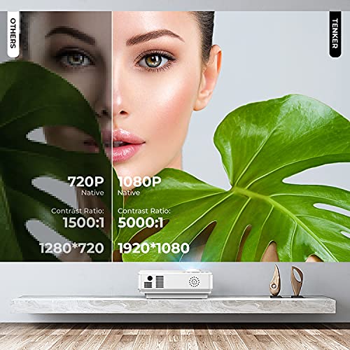 TENKER Native 1080P Projector, 7500L High Brightness Full HD Outdoor Movie Projector, 200" Giant Screen LCD Video Projector, Portable Mini Projector for Cartoon, Compatible w/Laptop/PC/DVD/TV