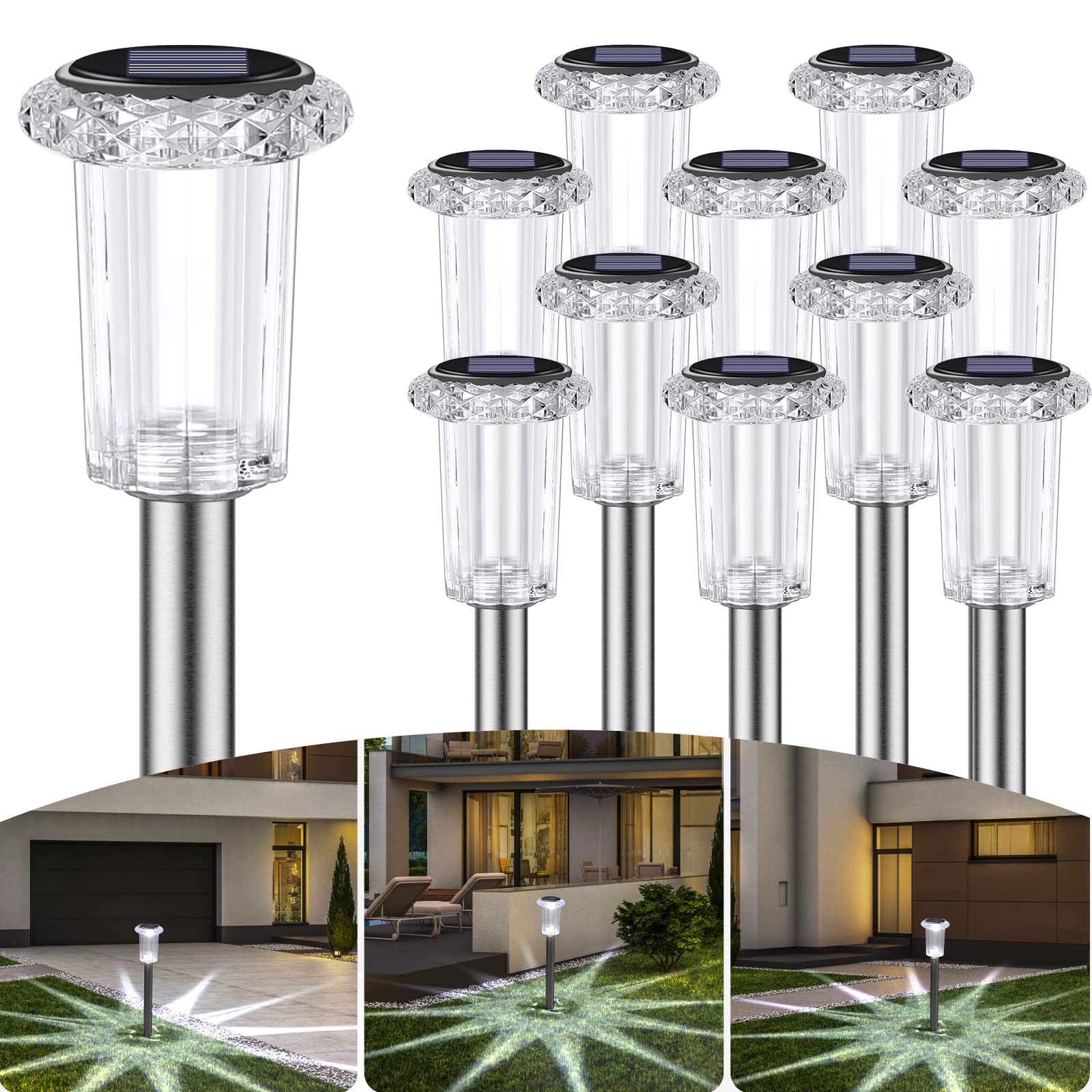 Greluna Solar Outdoor Lights 10 Pack, Waterproof Auto On/Off LED Solar Pathway Lights for Yard, Backyard, Lawn, Landscape Decor