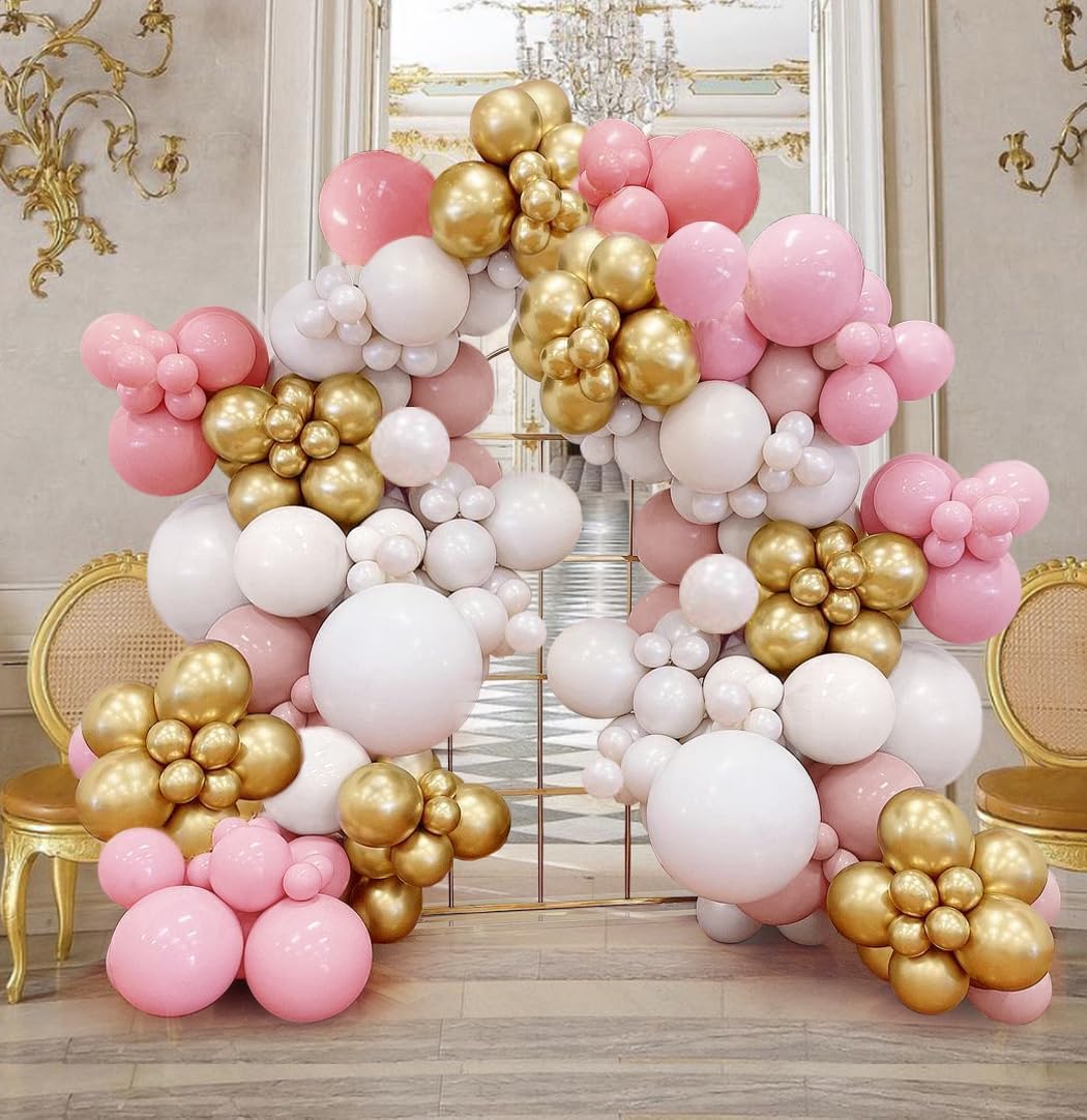 Pink White Gold Balloon Garland Double Stuffed Pastel Light Pink Gold Balloons Blush Beige Latex Arch Kit for Baby Shower Birthday Bridal Wedding Anniversary Party Decorations