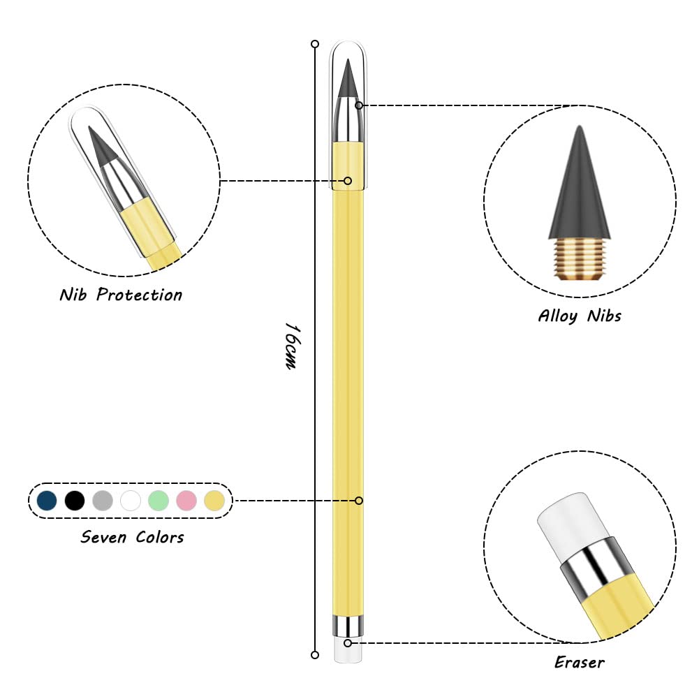 HOTUT Inkless Pencil, 7PCS Forever Infinity Pencils with 7 Eraser Reusable Inkless Everlasting Pencil with 7 Replaceable Nibs for Writing Drawing Students Office School Supplies