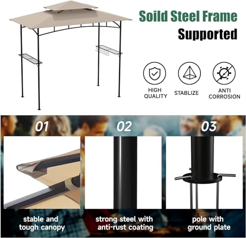 DikaSun Grill Gazebo 8 x 5 Double Tiered Outdoor BBQ Covering Canopy Shade for Patio Barbecue Gazebo Backyard Tent Shelter and 10 Hooks(Sand)