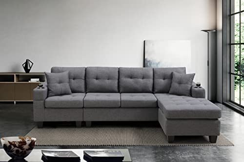 BIADNBZ Modern Sectional Sofa with Reversible Chaise Lounge and Two Cupholders, L-Shape 4-Seat Couch Furniture for Living Room Apartment, w/2 Pillows, Gray