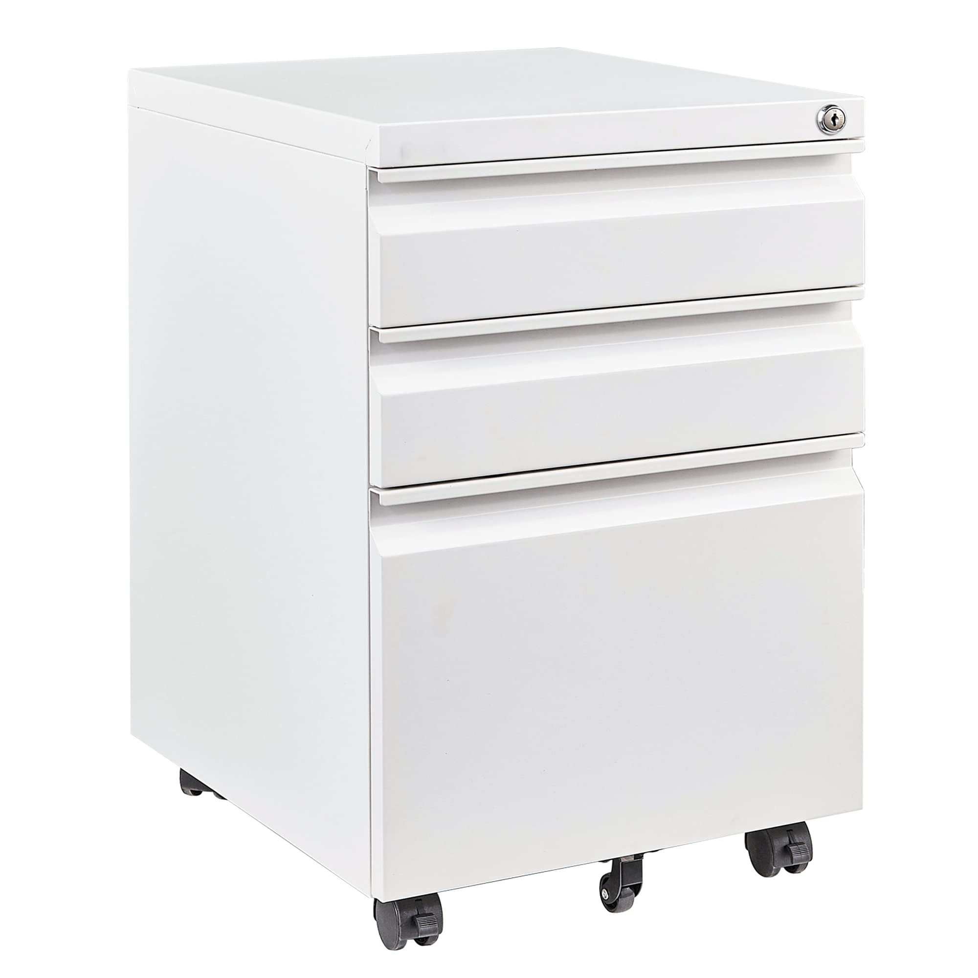 3 Drawer File Cabinet with Lock,Under Desk File Cabinet with Wheels,White Rolling File Cabinet,Three Drawer Metal Filing Cabinet for Home Office,Fit A4/Letter/Legal File,Fully Assembled Except Casters