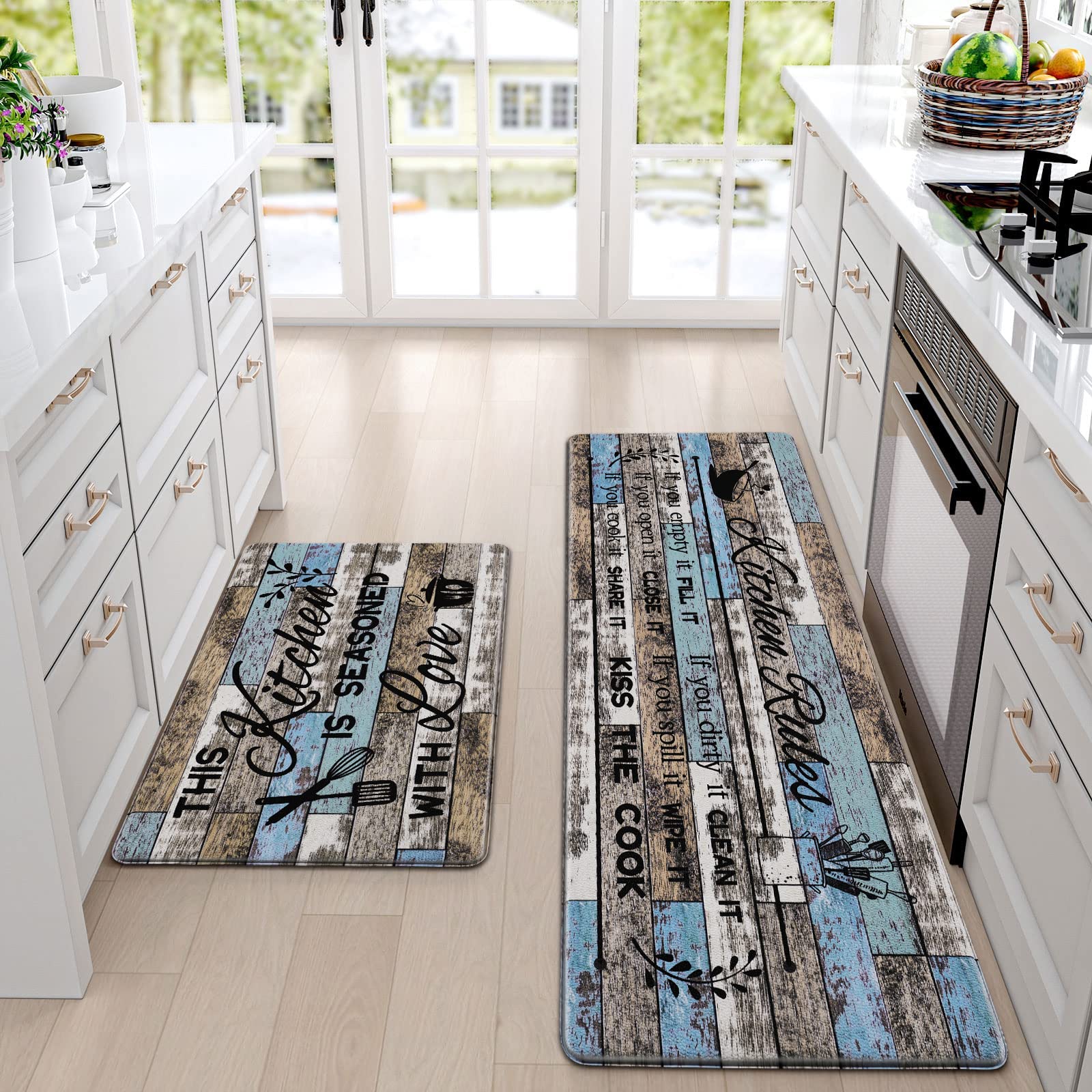 ASPMIZ Farmhouse Kitchen Rugs 2 Piece Anti Fatigue Kitchen Mats for Floor, PVC Memory Foam Kitchen Rug Waterproof, Non Slip Cushioned Comfort Mat for Standing, 18'' x 48'' + 18'' x 30'', Rustic Wooden