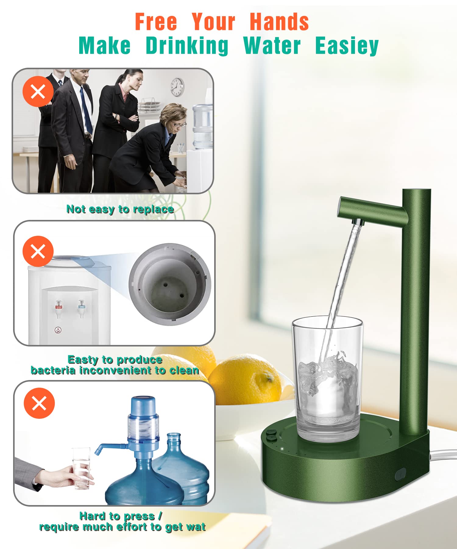 Green Portable Desktop Water Pump for 5 Gallon Bottle - Bedside Dispenser for Home, Office, Outdoor