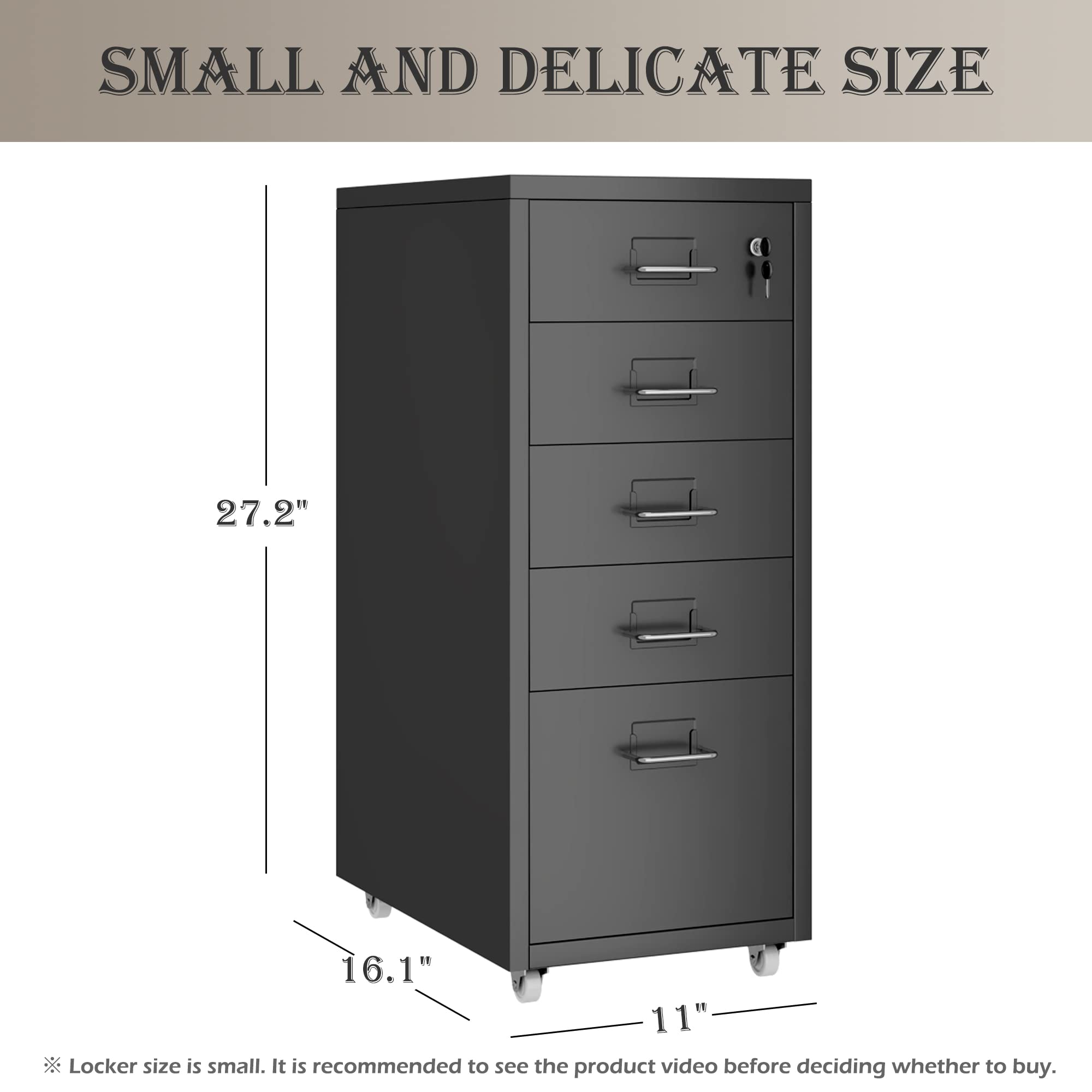 Mobile Storage Cabinet with 5 Drawers, Thickened Metal Storage Cabinet with Casters and Lock, Small Classification Storage Cabinet for Home Office and School, Black…
