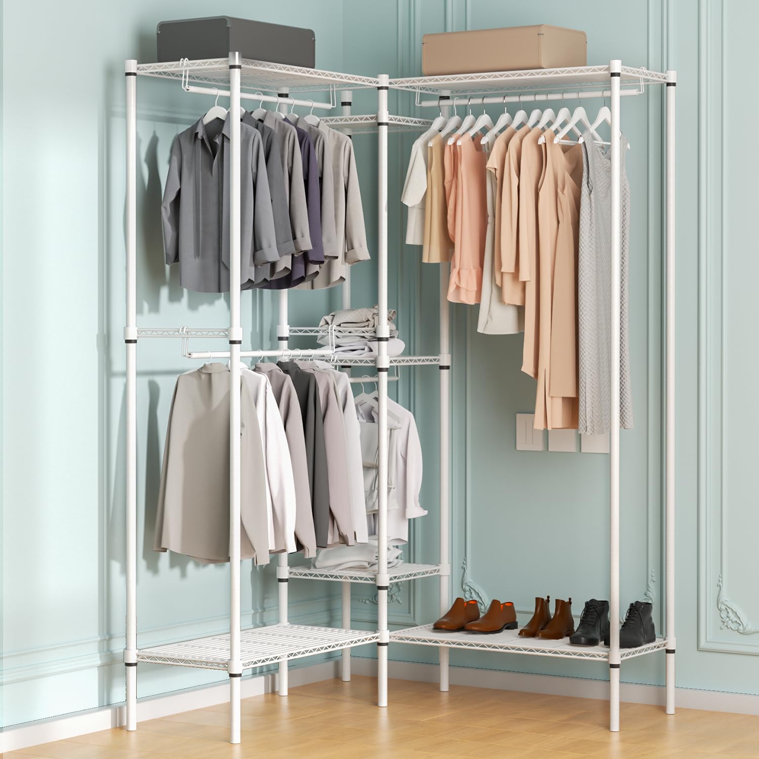MoNiBloom Heavy Duty Carbon Steel Garment Rack, 66 Inch Expandable, with Shelves, for Hanging Clothes, Load 1000lbs, White