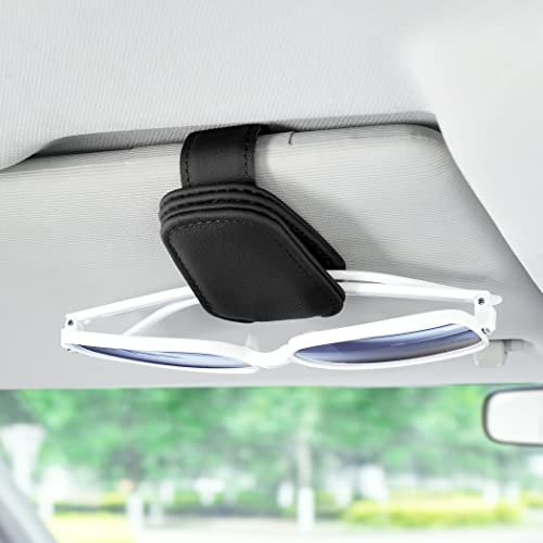 Suranew Car Sunglasses Holder - Magnetic Auto Sunglasses Holder for Car Sun Visor, Leather Hanger Clip for Ticket Card, Car Visor Accessories (Black)