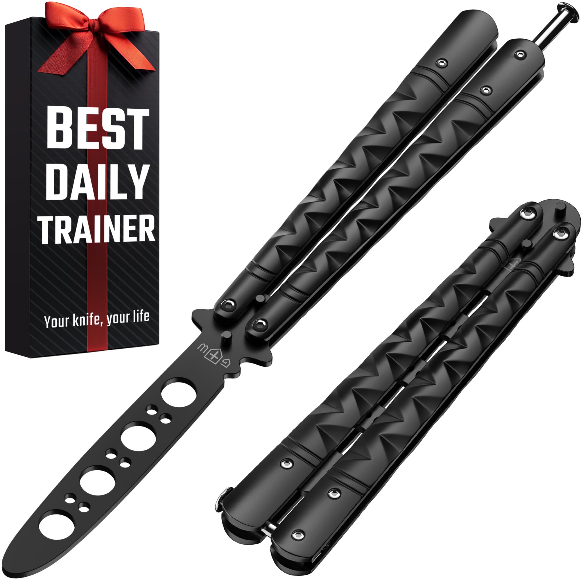 Butterfly Knife - Balisong Trainer - Black Practice Butterfly Trainer with Sure Spring Latch - Balisong Knives NOT Real NOT Sharp Blade - Full Stainless Steel Fake Dull Trick CSGO Fidget Toy K19 B