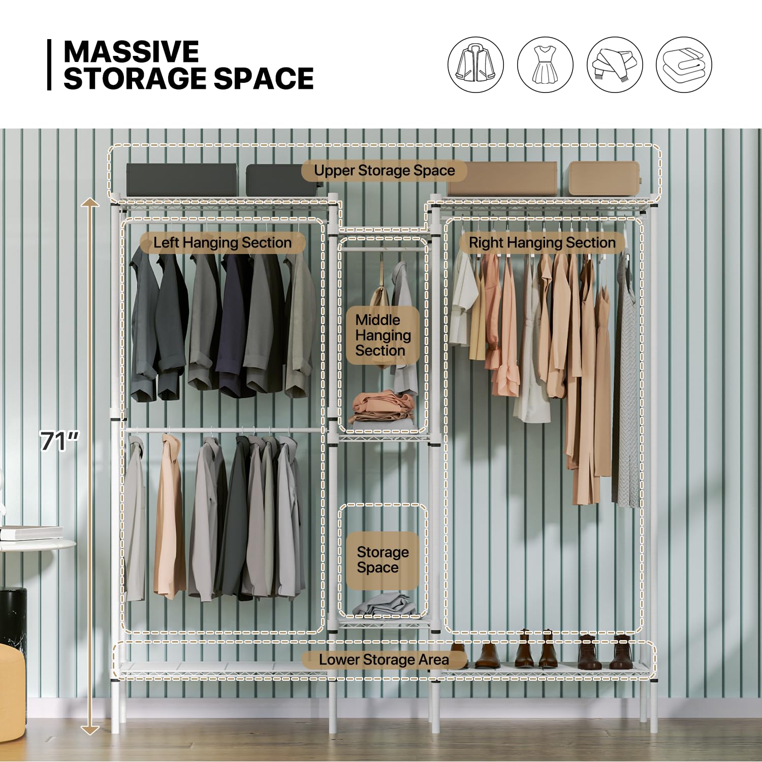 MoNiBloom Heavy Duty Carbon Steel Garment Rack, 66 Inch Expandable, with Shelves, for Hanging Clothes, Load 1000lbs, White