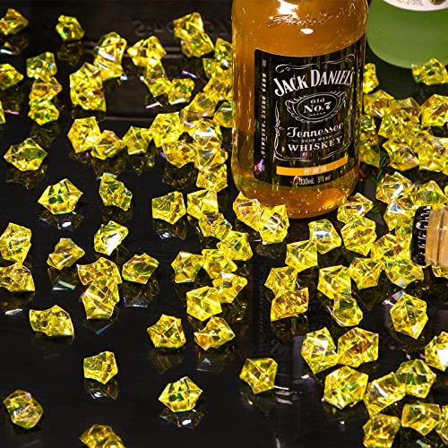 DomeStar Iridescent Yellow Acrylic Ice Rocks, 180PCS Holographic Crushed Ice Dazzling Fake Diamonds Sparkling Plastic Gems for Vases Fillers Table Scatter Decoration Game