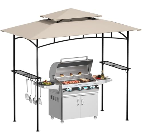 DikaSun Grill Gazebo 8 x 5 Double Tiered Outdoor BBQ Covering Canopy Shade for Patio Barbecue Gazebo Backyard Tent Shelter and 10 Hooks(Sand)