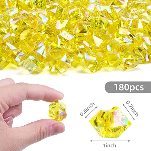 DomeStar Iridescent Yellow Acrylic Ice Rocks, 180PCS Holographic Crushed Ice Dazzling Fake Diamonds Sparkling Plastic Gems for Vases Fillers Table Scatter Decoration Game